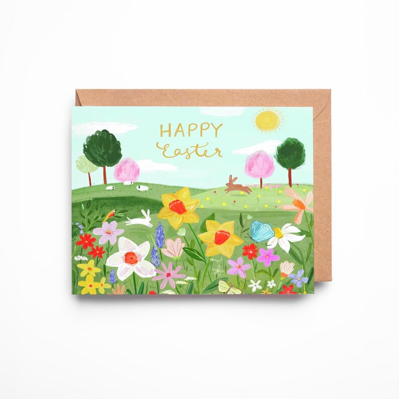 Spring Easter Card | Floral Happy Easter Greetings Card | Cute Bunnies ...