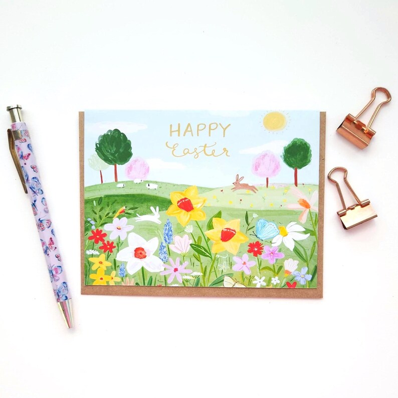 Spring Easter Card | Floral Happy Easter Greetings Card | Cute Bunnies ...