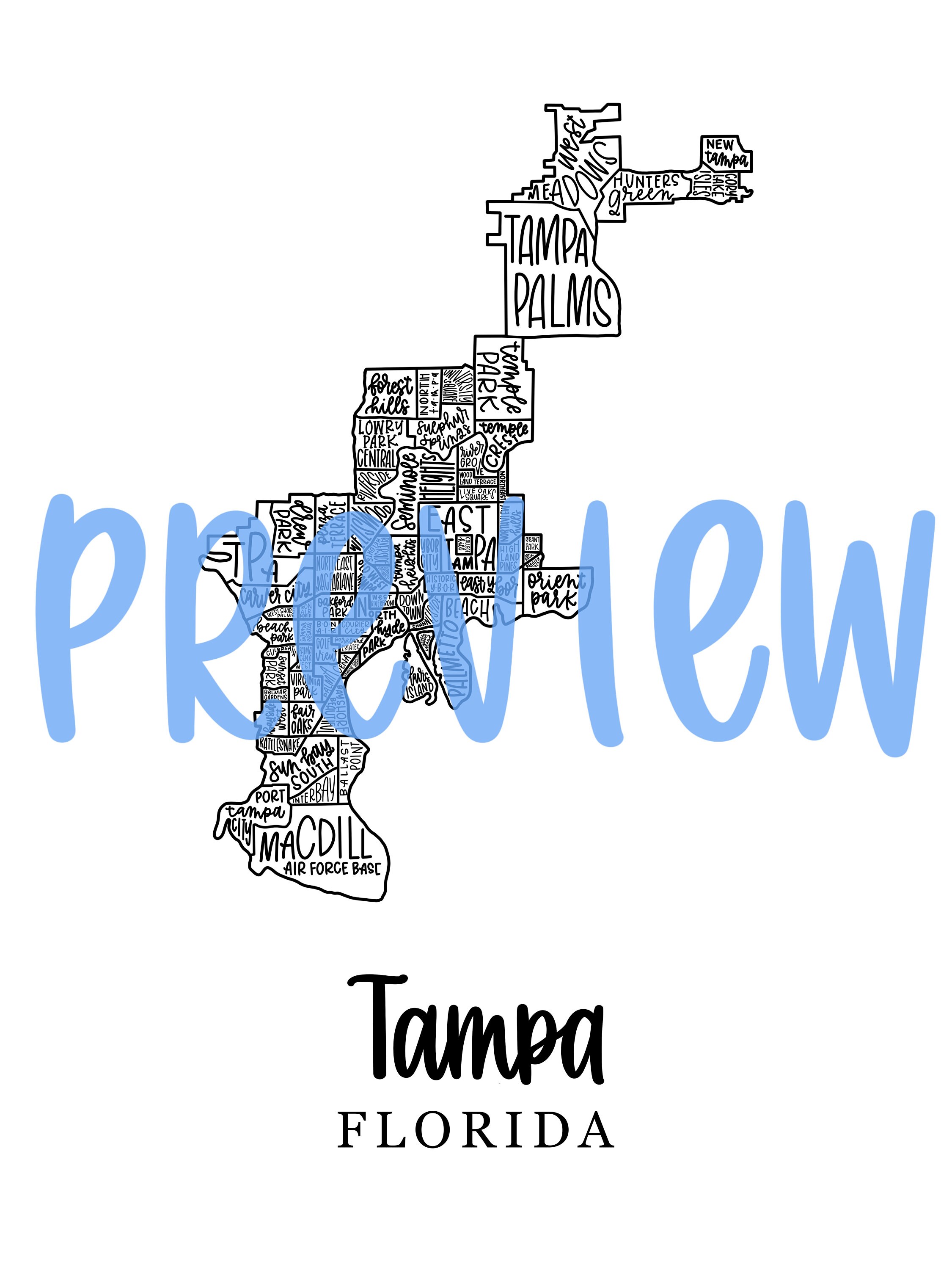 Tampa, FL Neighborhood Map - Etsy