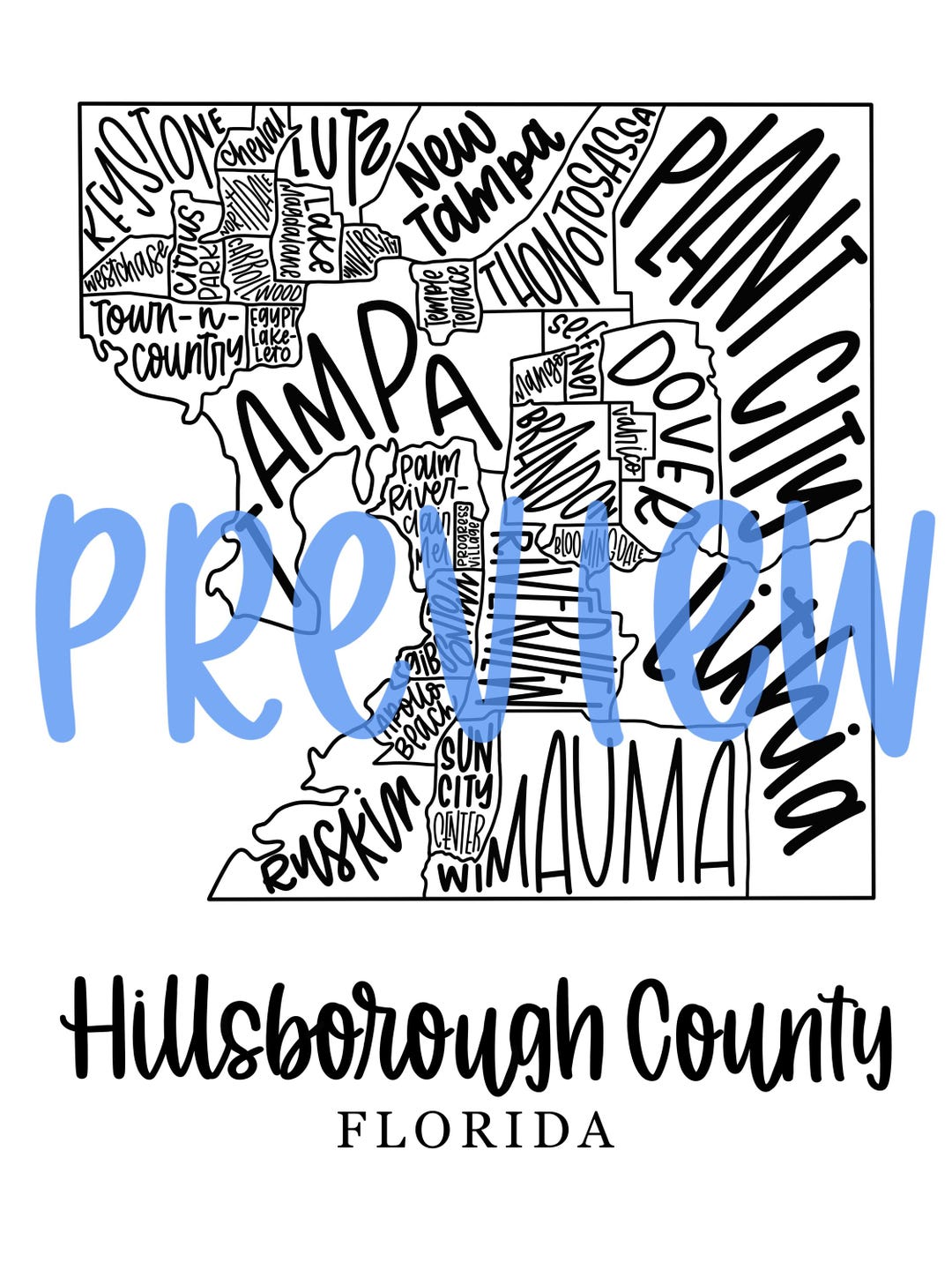 Hillsborough County, FL Map - Etsy