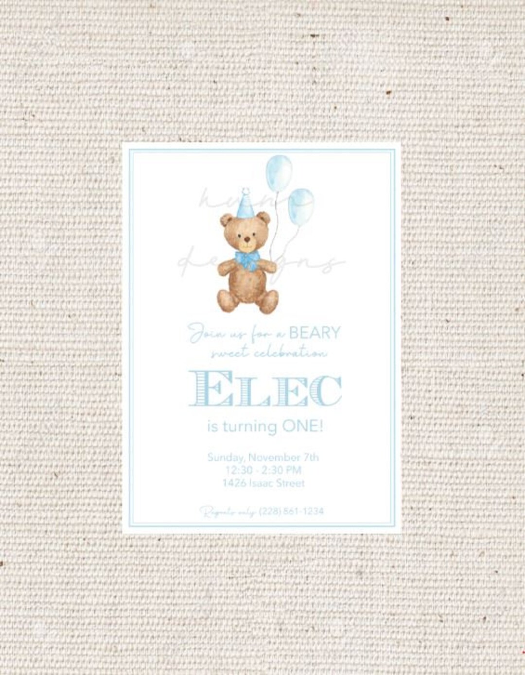Beary 1st Birthday Party Invitation | Teddy Bear | Blue Bow | Little ...