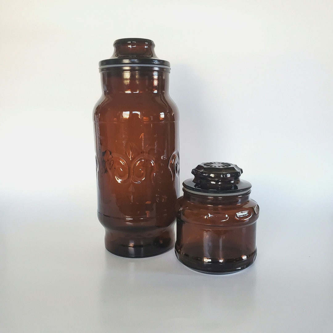 Vtg Borden Cremora Creamer Brown Glass Apothecary Jar Canisters W/ Lids ...