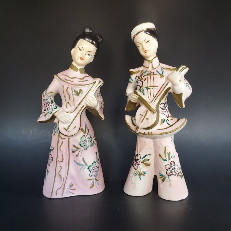 Vintage Japanese Geisha Girl & Boy Figurines, Vtg Asian Couple Playing ...
