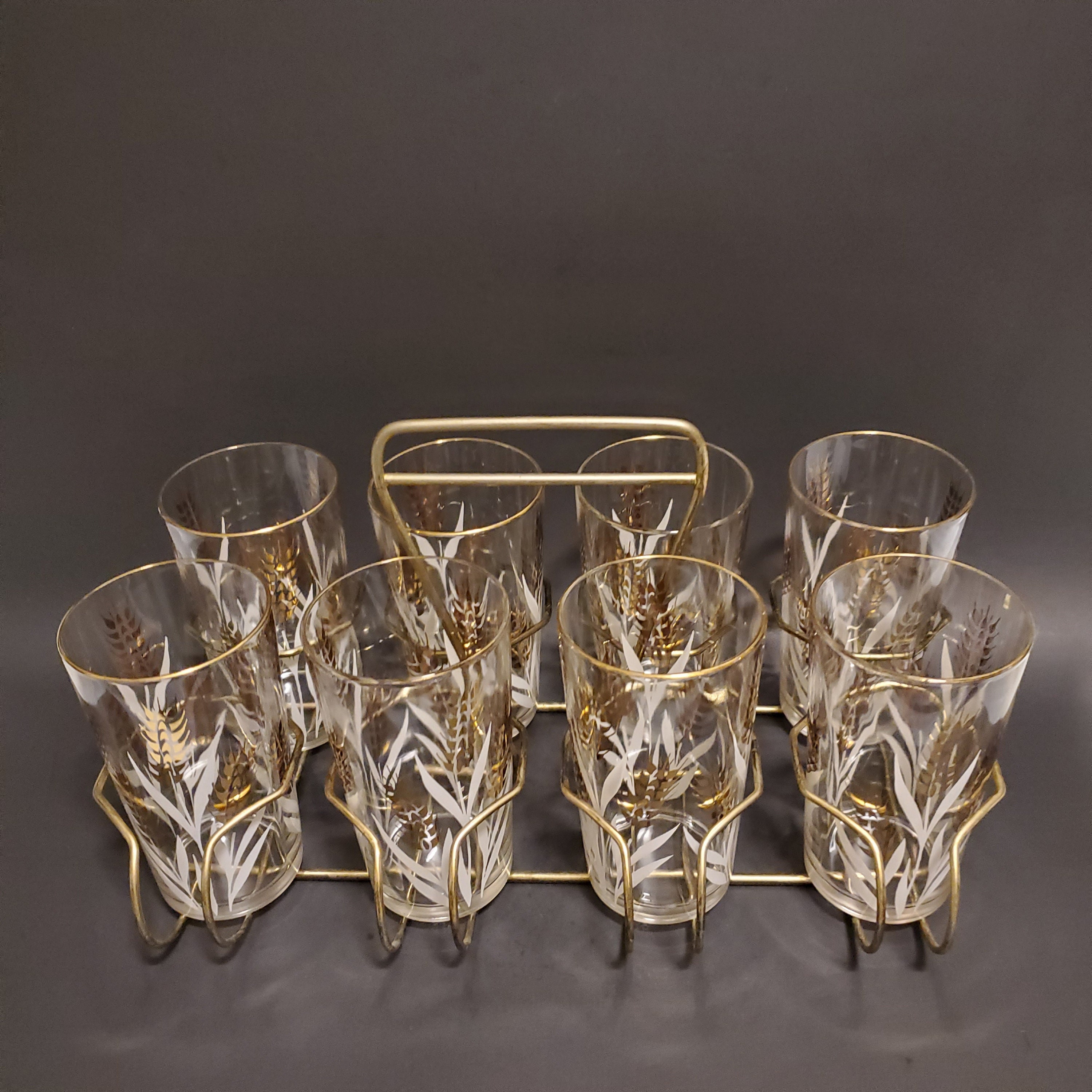 MCM Jeanette Glassware Set of 8 Glasses W/ Bar Caddy, 50s Gilded Wheat ...