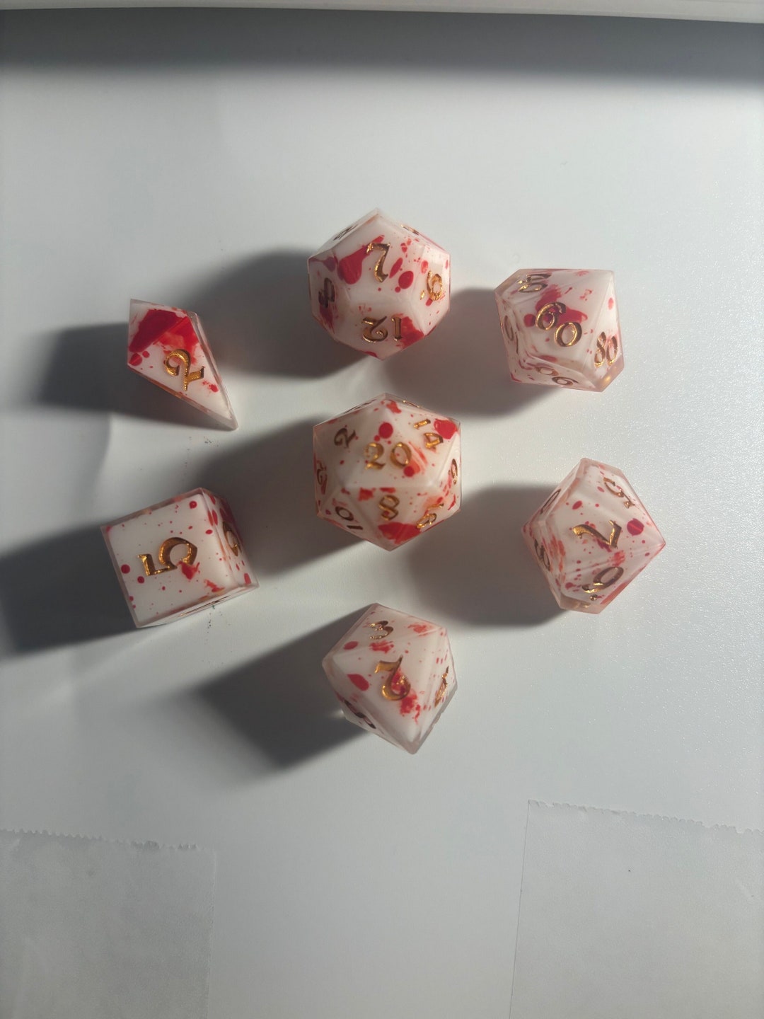 Brutality Dnd Dice Set, White With Red Blood Splatter Handmade Resin ...