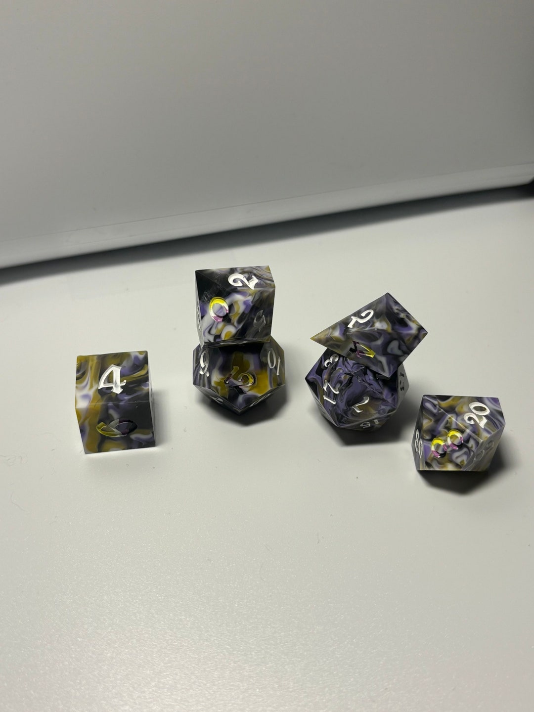 Nonbinary Pride 7 Piece Sharp Edged Dice Set, DND, D&D, RPG, White Inking, Handmade Resin Dice ...