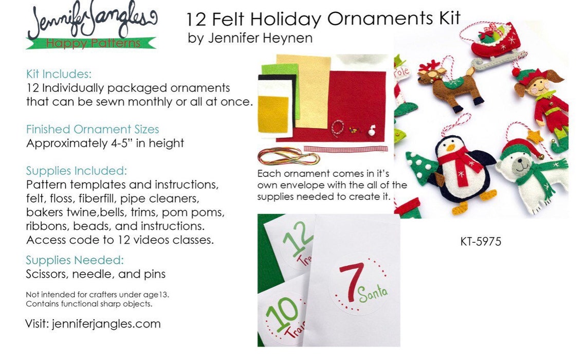 12 Felt Holiday Ornaments Sewing Pattern Kit, Make One a Month ...