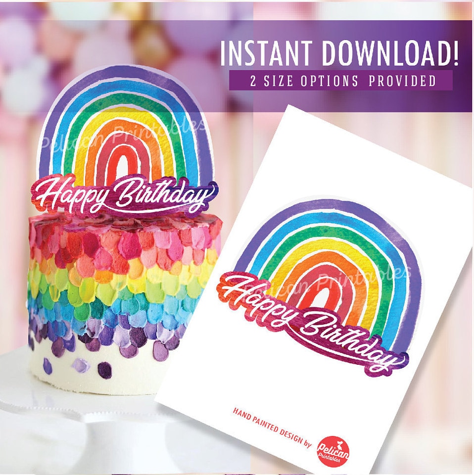 Rainbow Birthday Cake Topper Design, Watercolour Boho, Girls Cupcake ...