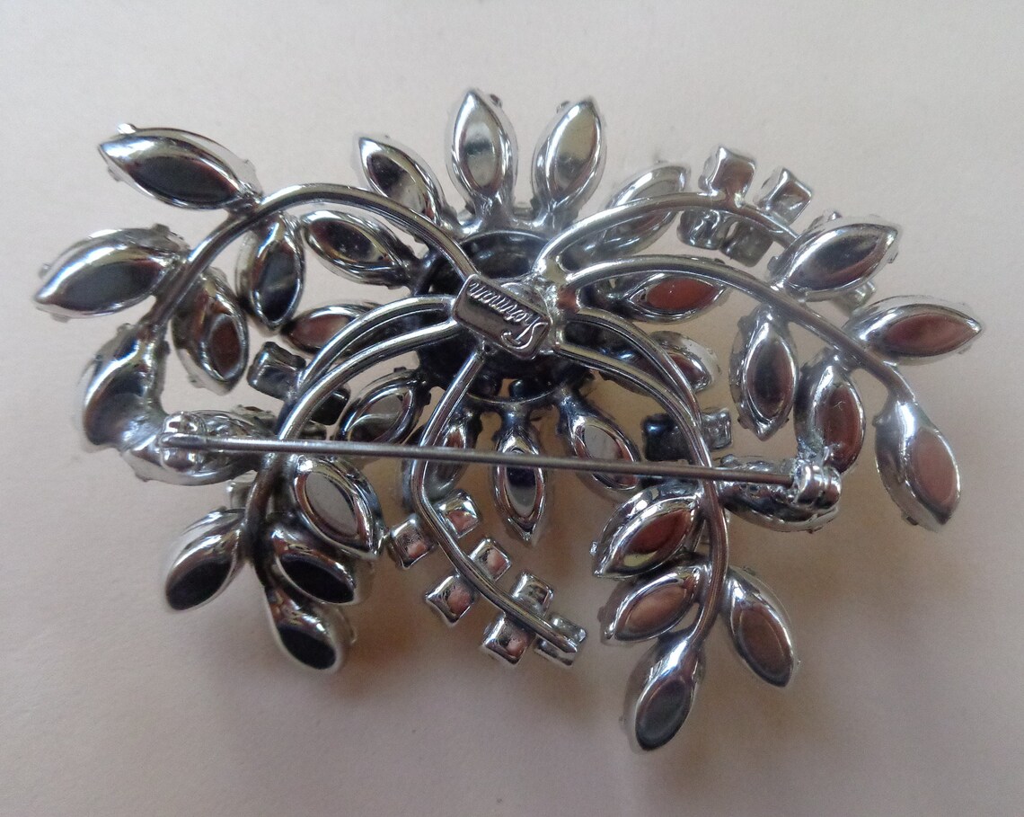 Sherman Tiered Stylized Floral Brooch With Clear Crystals - Etsy