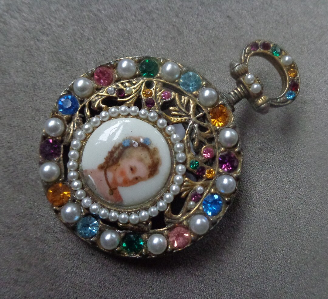 Pocket Watch Brooch With Limoges Plaque, Faux Pearls and Rhinestones - Etsy