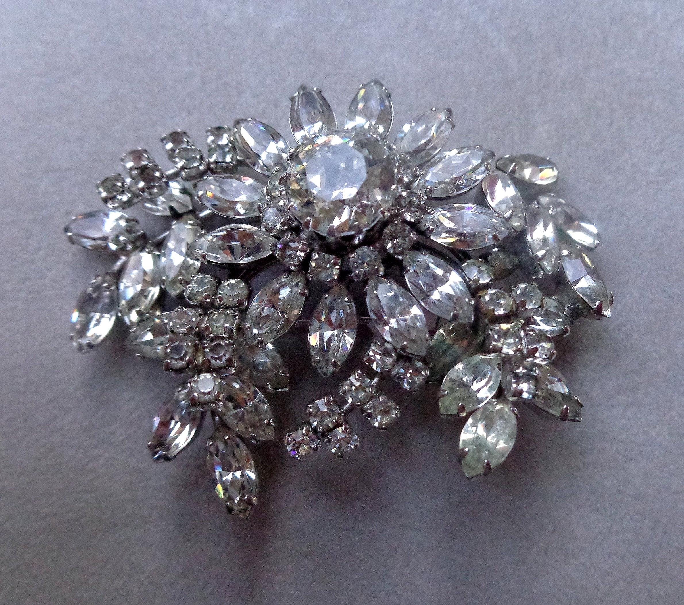 Sherman Tiered Stylized Floral Brooch With Clear Crystals - Etsy