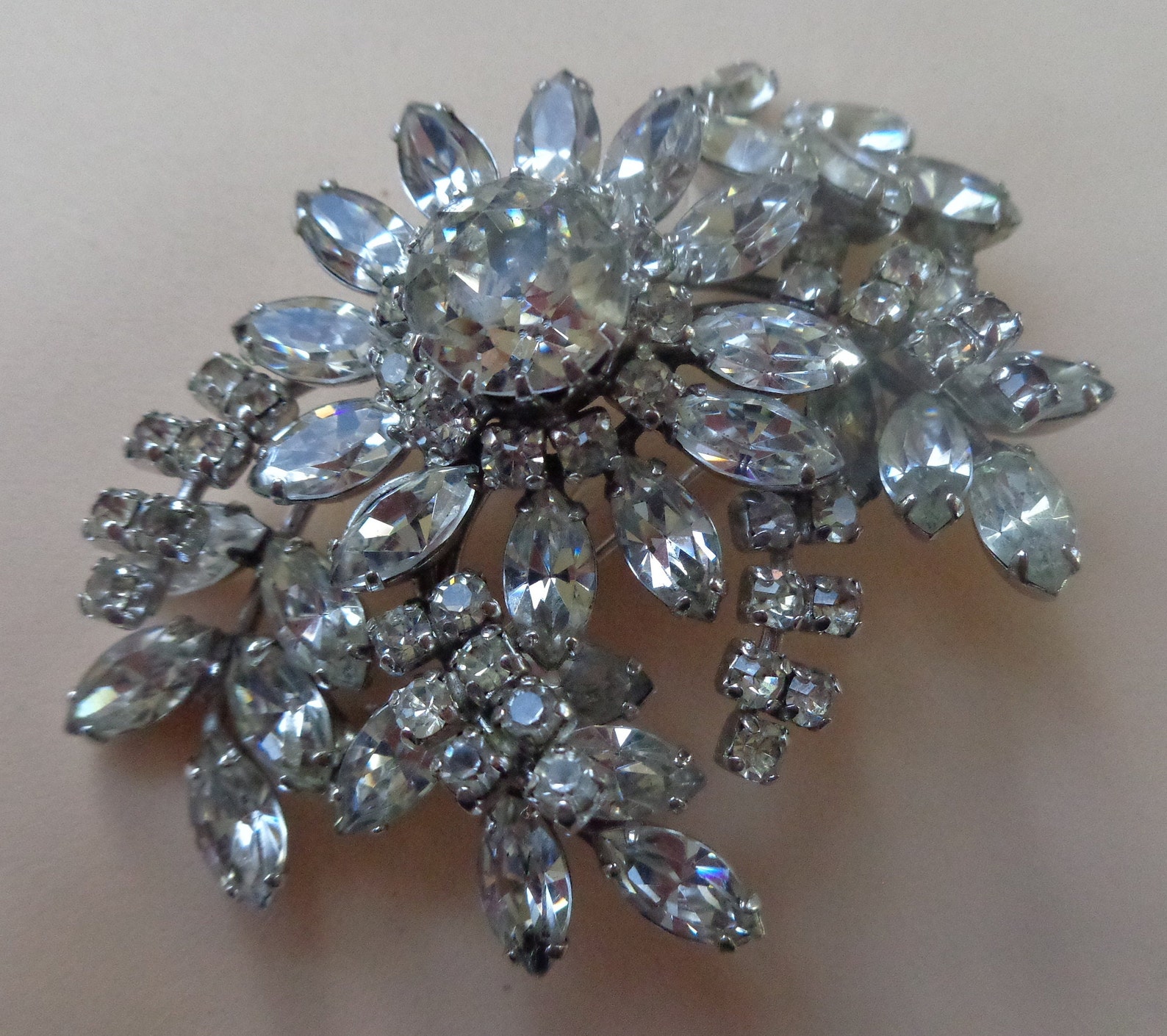 Sherman Tiered Stylized Floral Brooch With Clear Crystals - Etsy