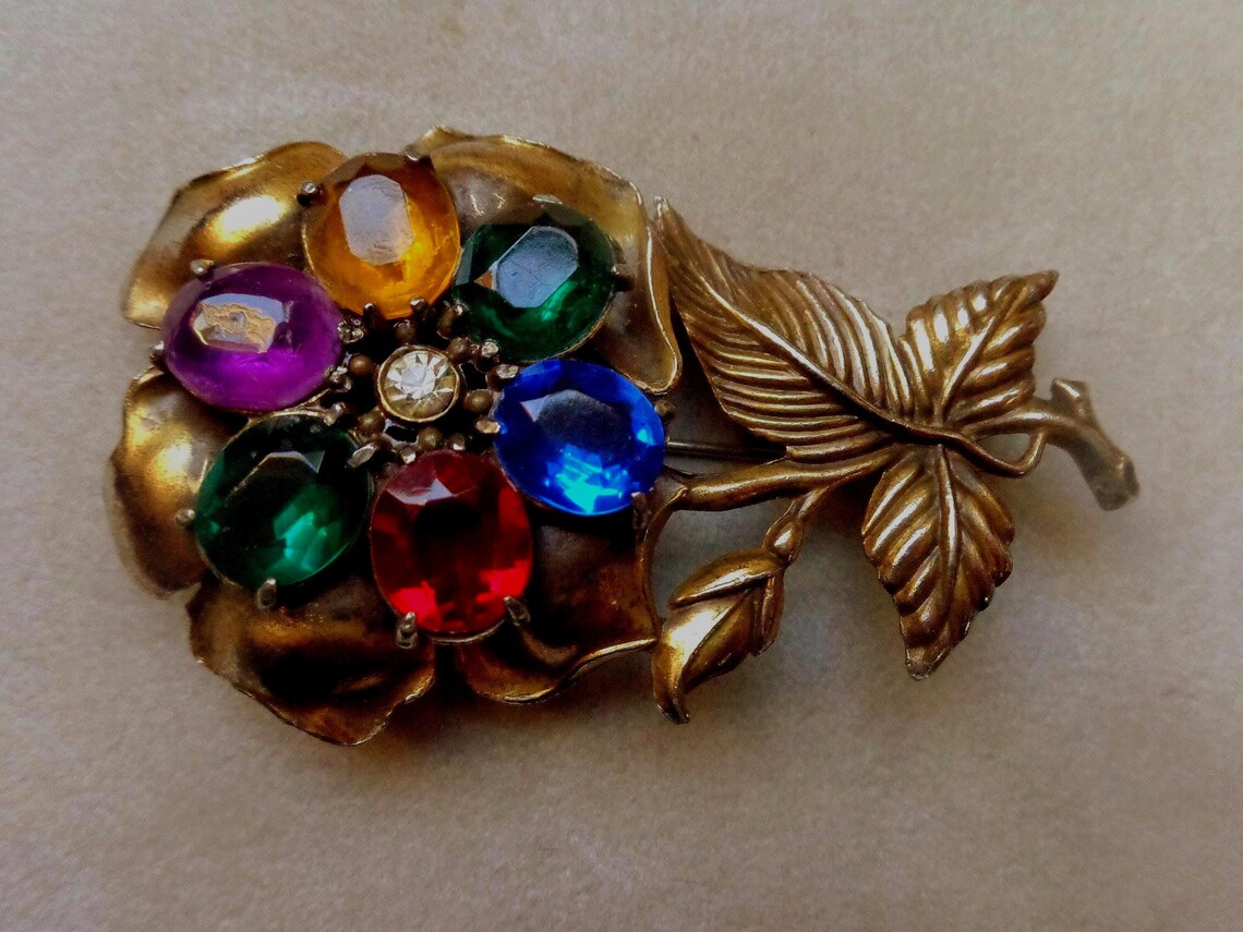 Large Rose Flower Gilded Pot Metal Brooch With Plastic Petals and a ...