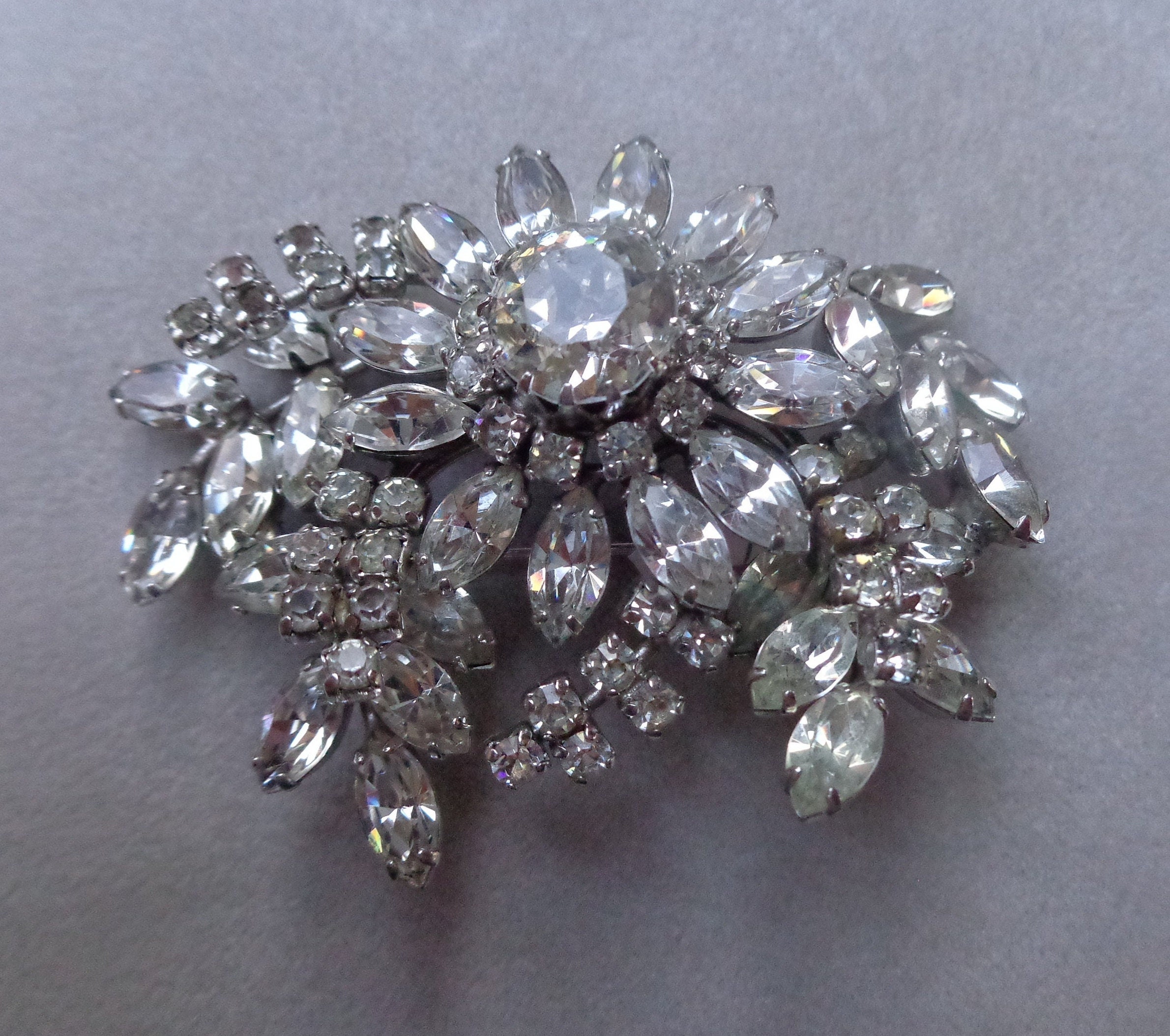 Sherman Tiered Stylized Floral Brooch With Clear Crystals - Etsy