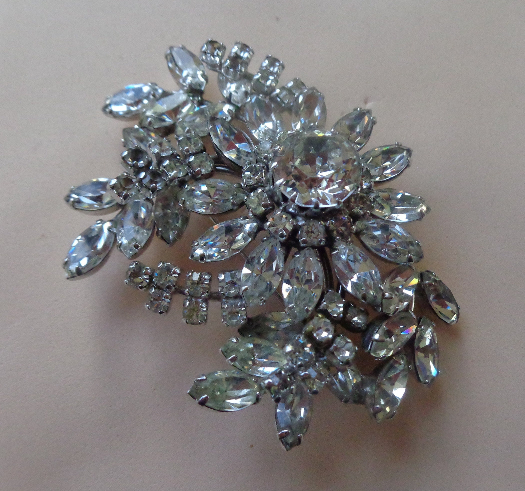 Sherman Tiered Stylized Floral Brooch With Clear Crystals - Etsy