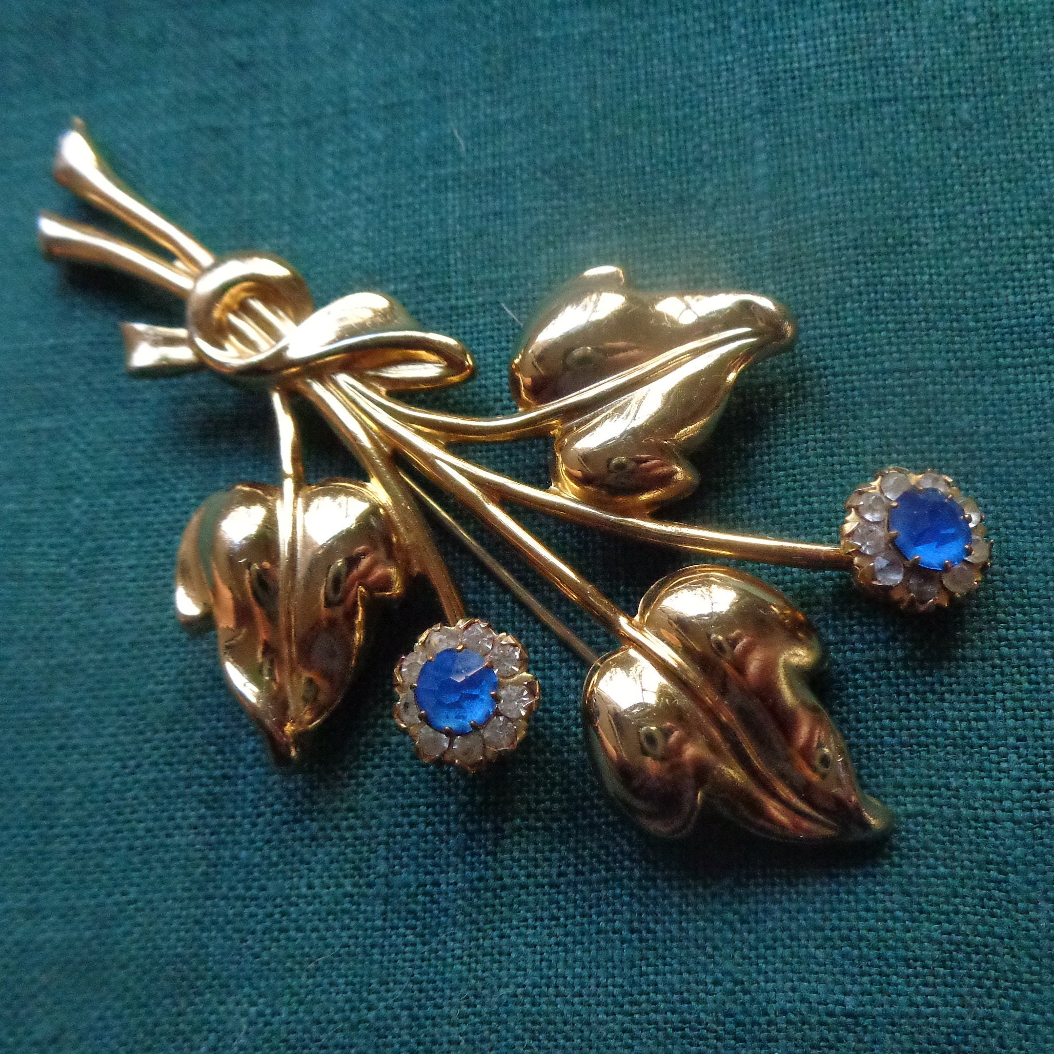 Coro Floral Brooch With Blue and Clear Rhinestones - Etsy