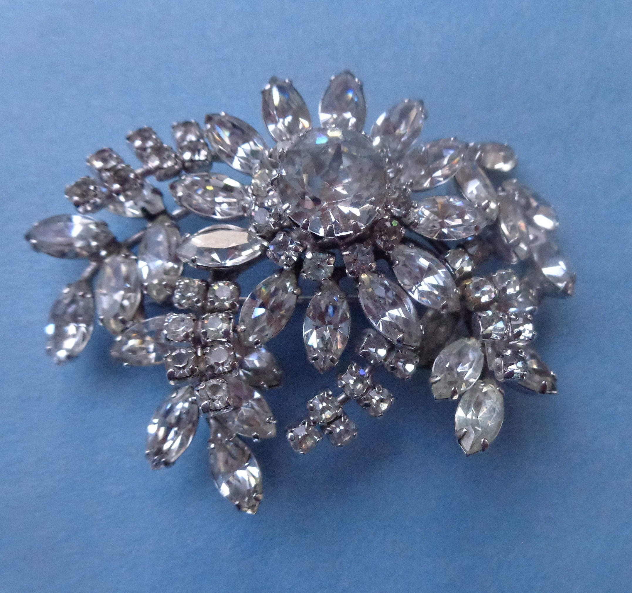 Sherman Tiered Stylized Floral Brooch With Clear Crystals - Etsy
