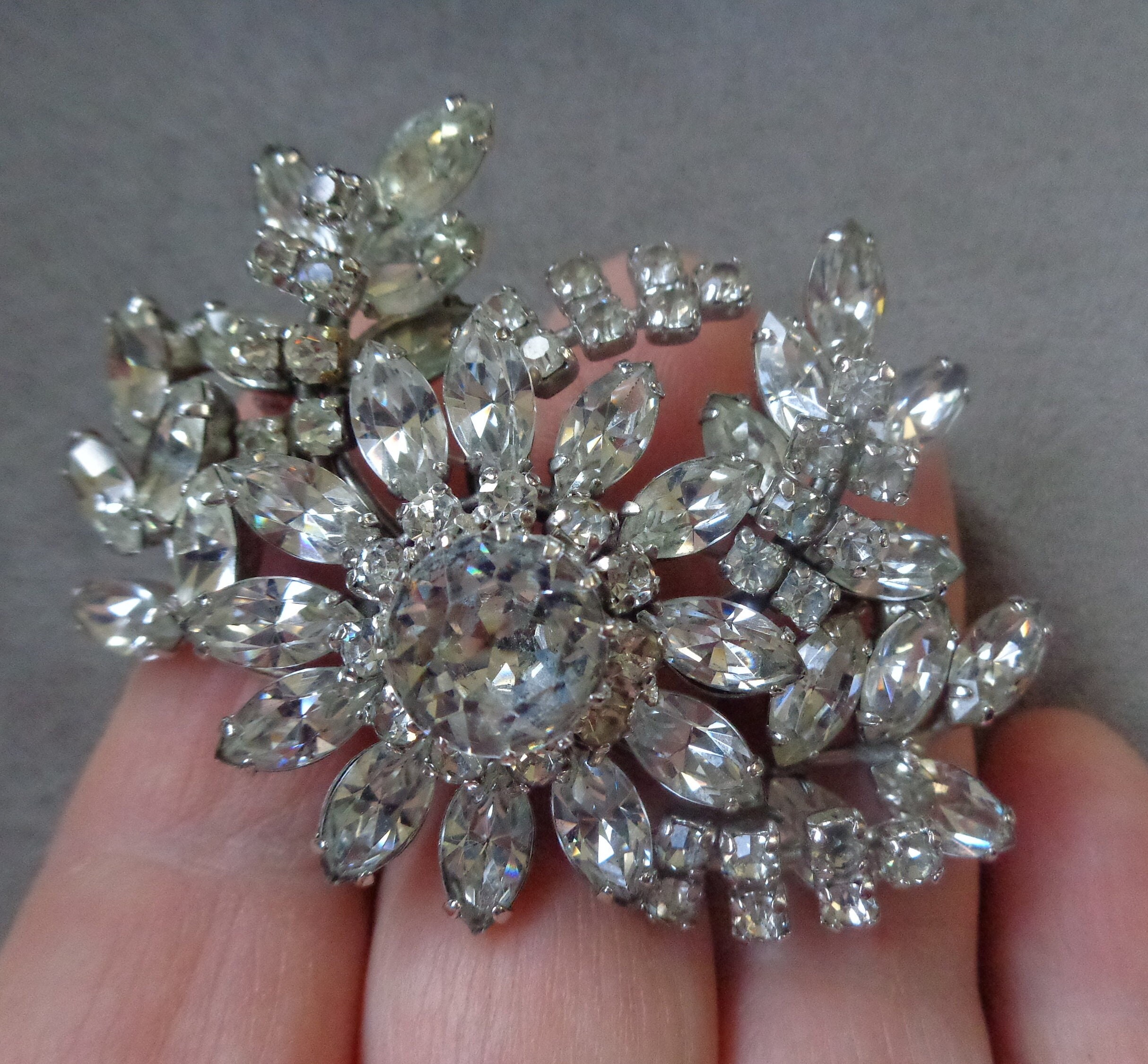 Sherman Tiered Stylized Floral Brooch With Clear Crystals - Etsy