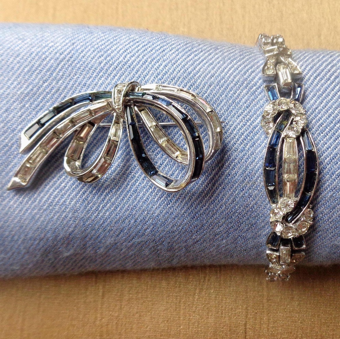Boucher Bracelet and Bow Brooch With Sapphire Blue and Clear Crystals ...