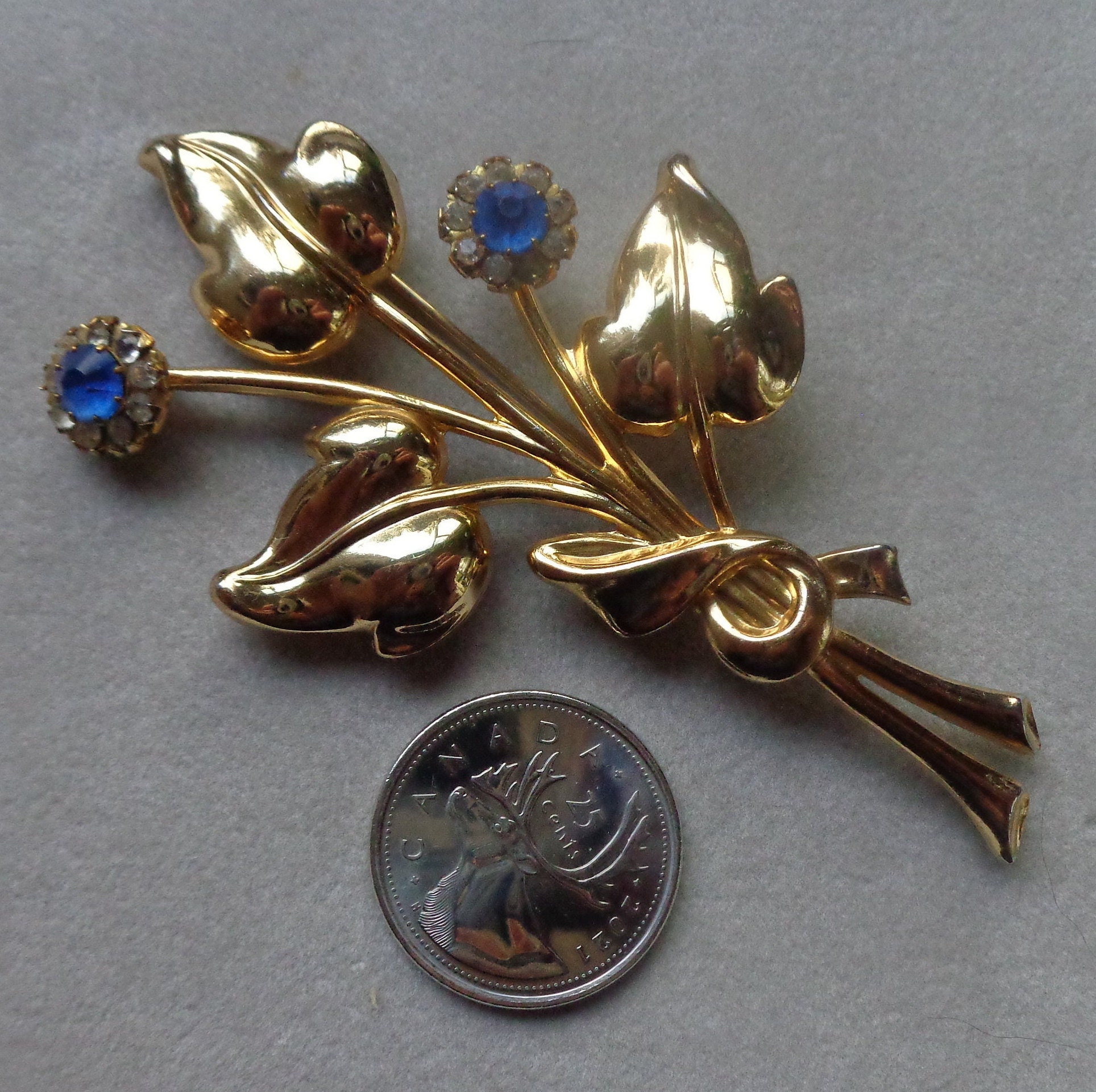 Coro Floral Brooch With Blue and Clear Rhinestones - Etsy