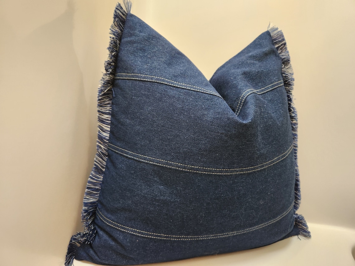 Fringe Denim Pillow Cover: Patchwork Jeans Throw Pillow, Farmhouse ...