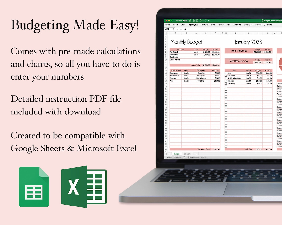 Monthly Budget Spreadsheet for Microsoft Excel & Google Sheets, Mac and ...
