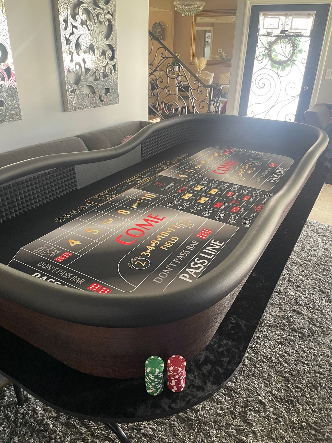 94 Inches X 46.5 Inches Black Craps Table, Dark Brown Exterior Walls ...