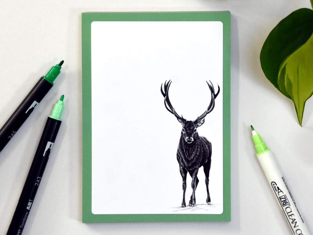 A6 Notepad - Male Red Deer Stag With Antlers - Illustration Pencil Drawing Print Wild British ...