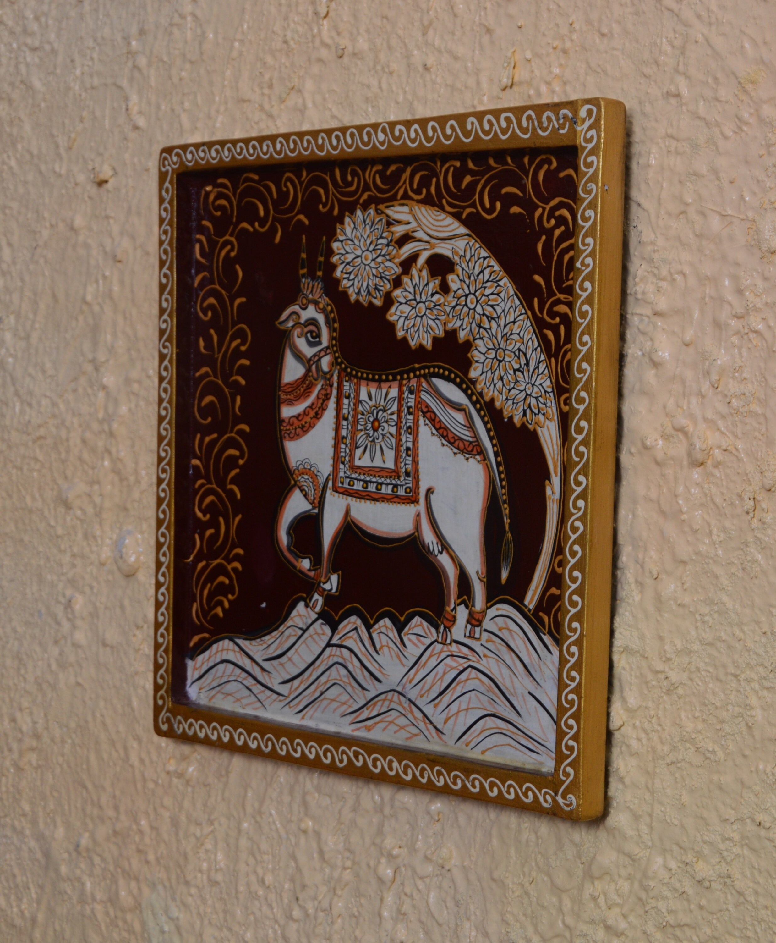 Cow Painted Square Wooden Wall Mural/ Multicolour Handpainted Mural ...