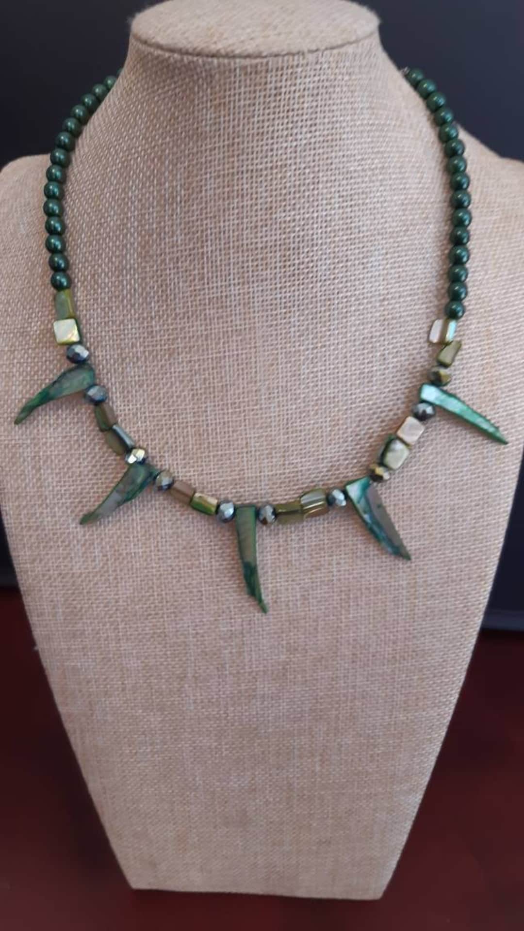Green Shell Necklace, Handmade Unique Spiked and Glass Bead, Punk Style ...