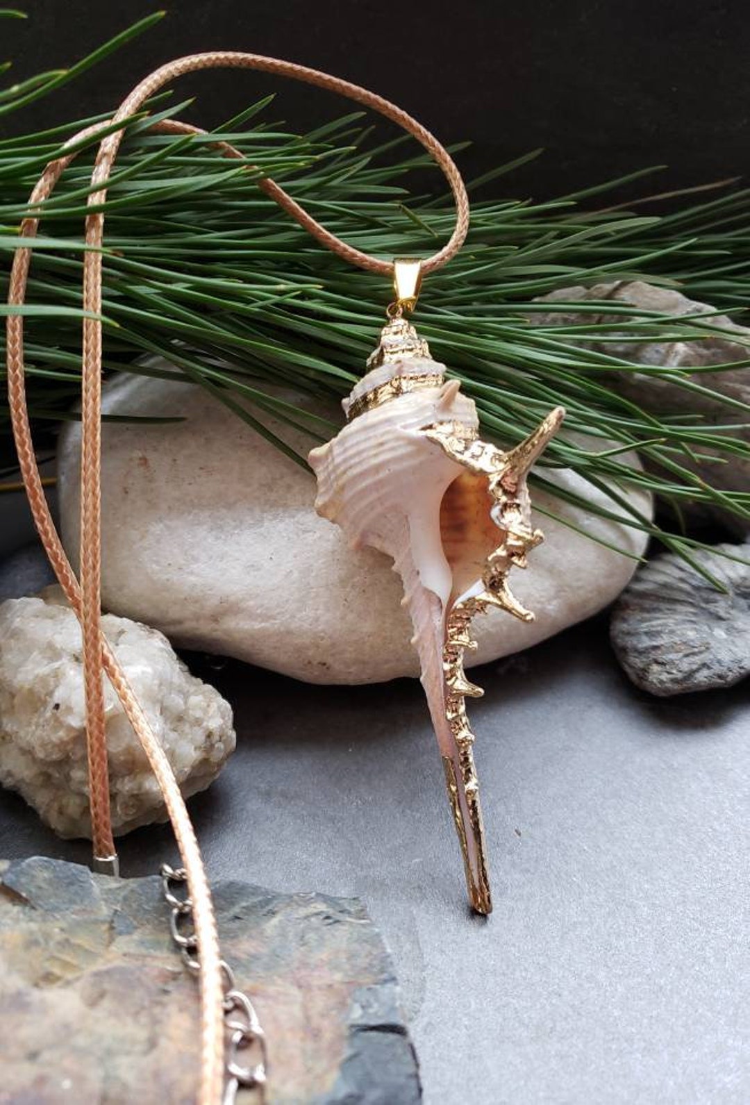 Big Spiral Shell Pendant Necklace. With a Light Sandy Beige Cord ...