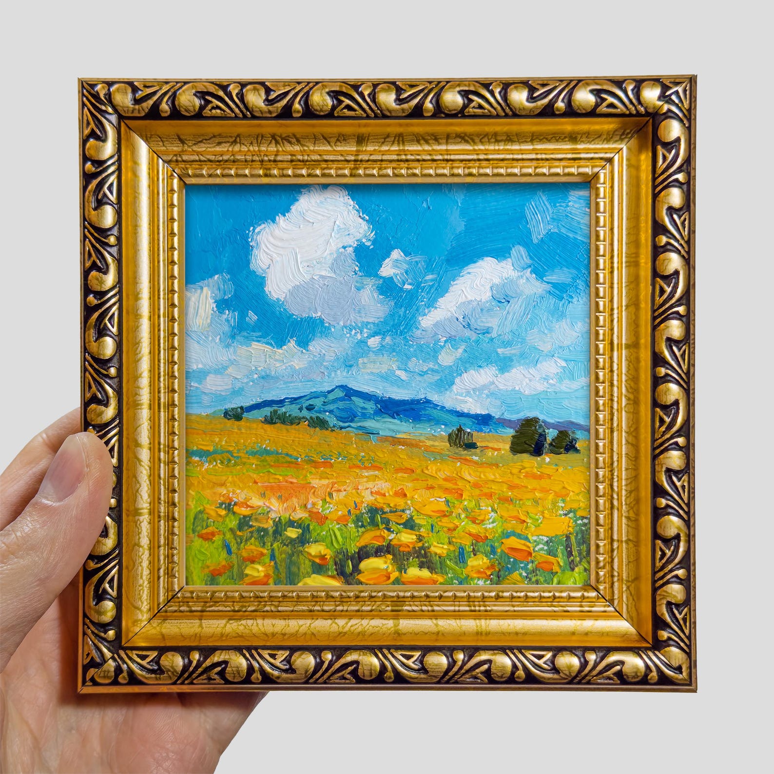 Yellow Flower Field Landscape 4x4: Framed Original Impasto Oil Painting ...