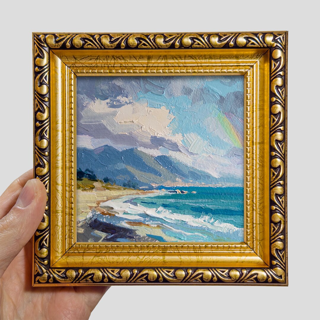 Original Mountain Seascape Oil Painting — Framed Mini Rainbow Beach Art ...