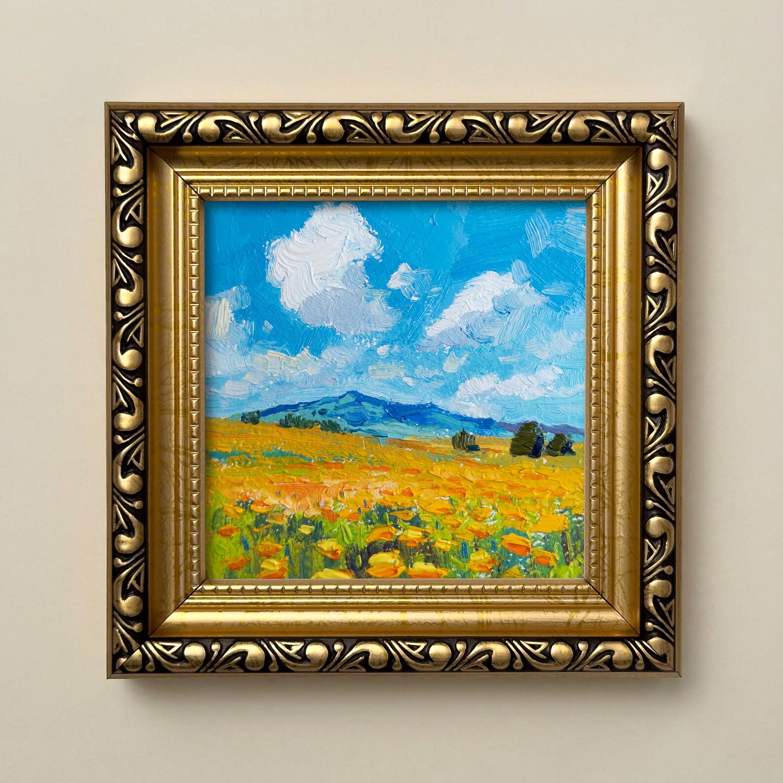 Yellow Flower Field Landscape 4x4: Framed Original Impasto Oil Painting ...