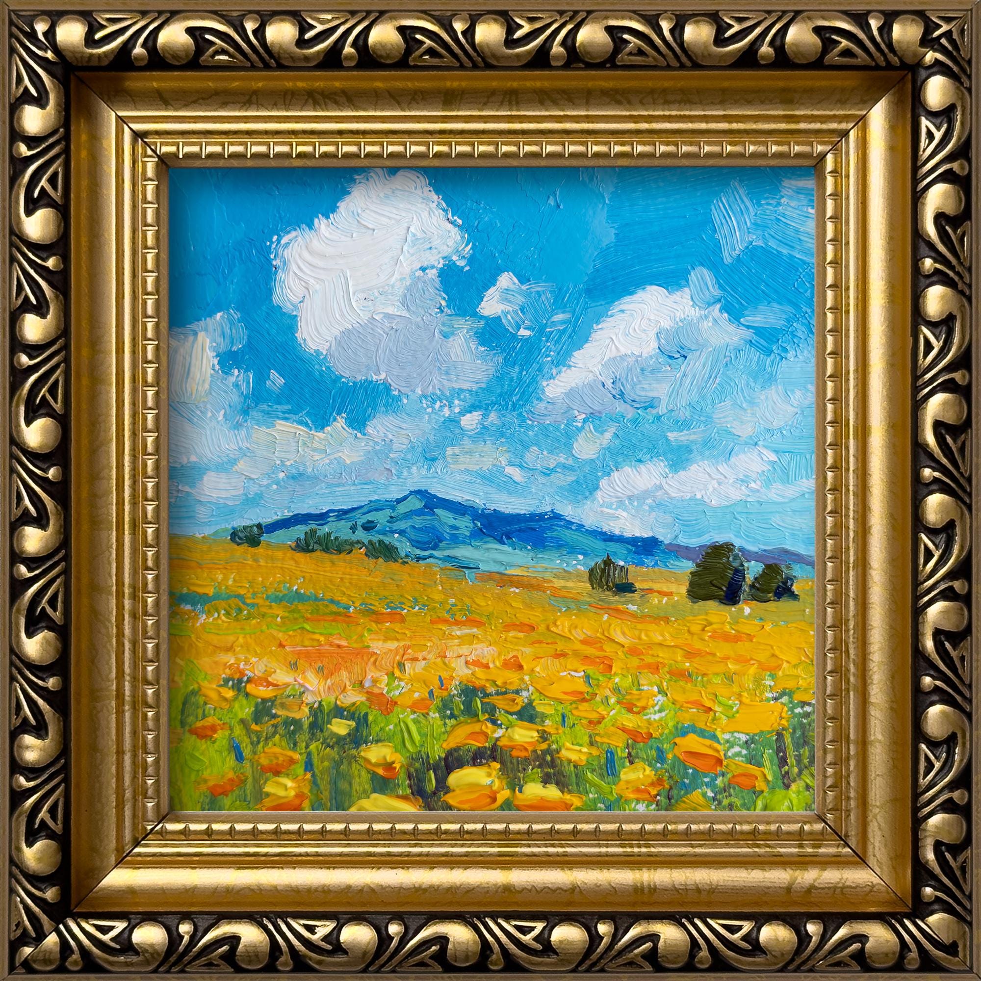 Yellow Flower Field Landscape 4x4: Framed Original Impasto Oil Painting ...