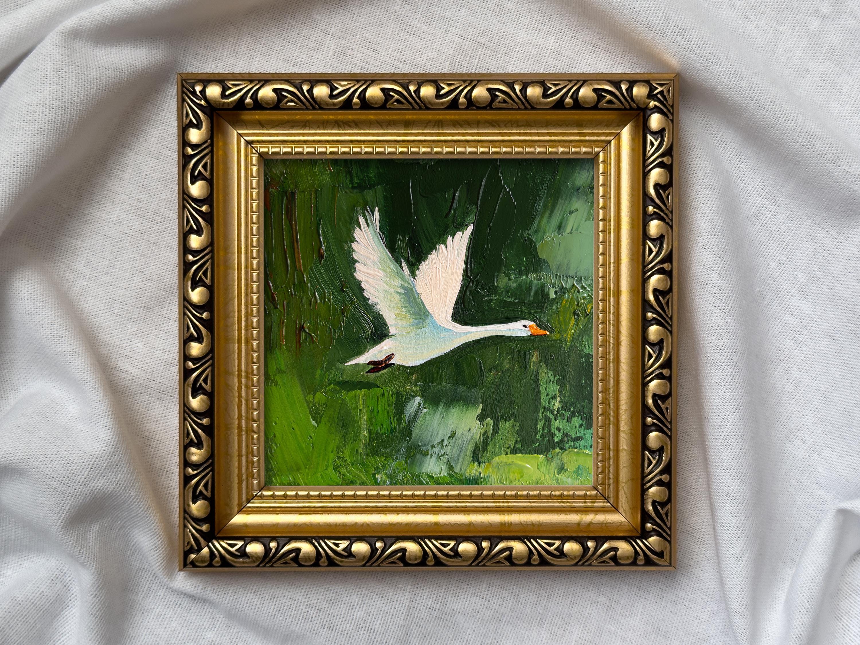 Flying Goose Oil Painting 4x4 — Mini Original Bird Artwork, Framed ...
