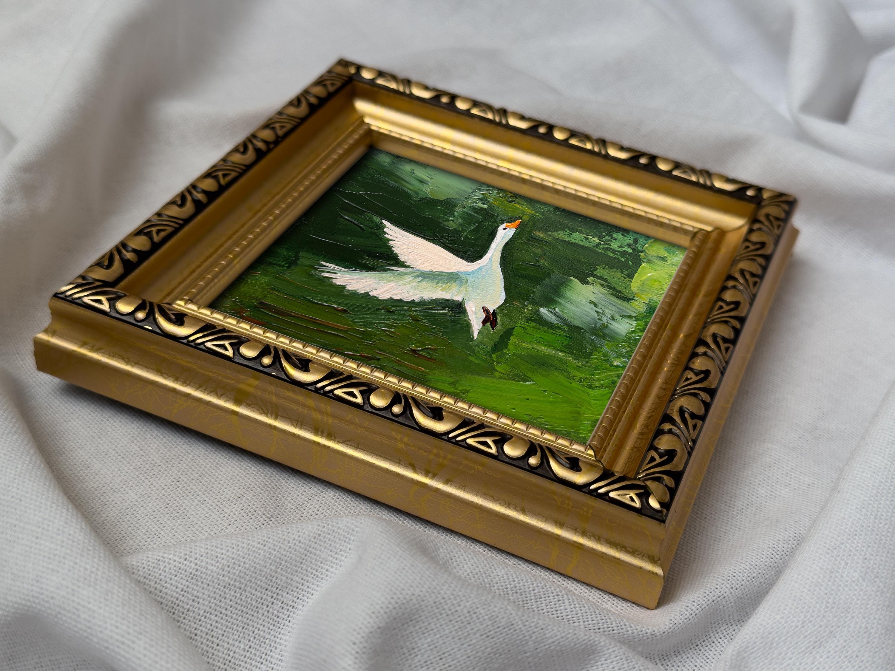 Flying Goose Oil Painting 4x4 — Mini Original Bird Artwork, Framed ...