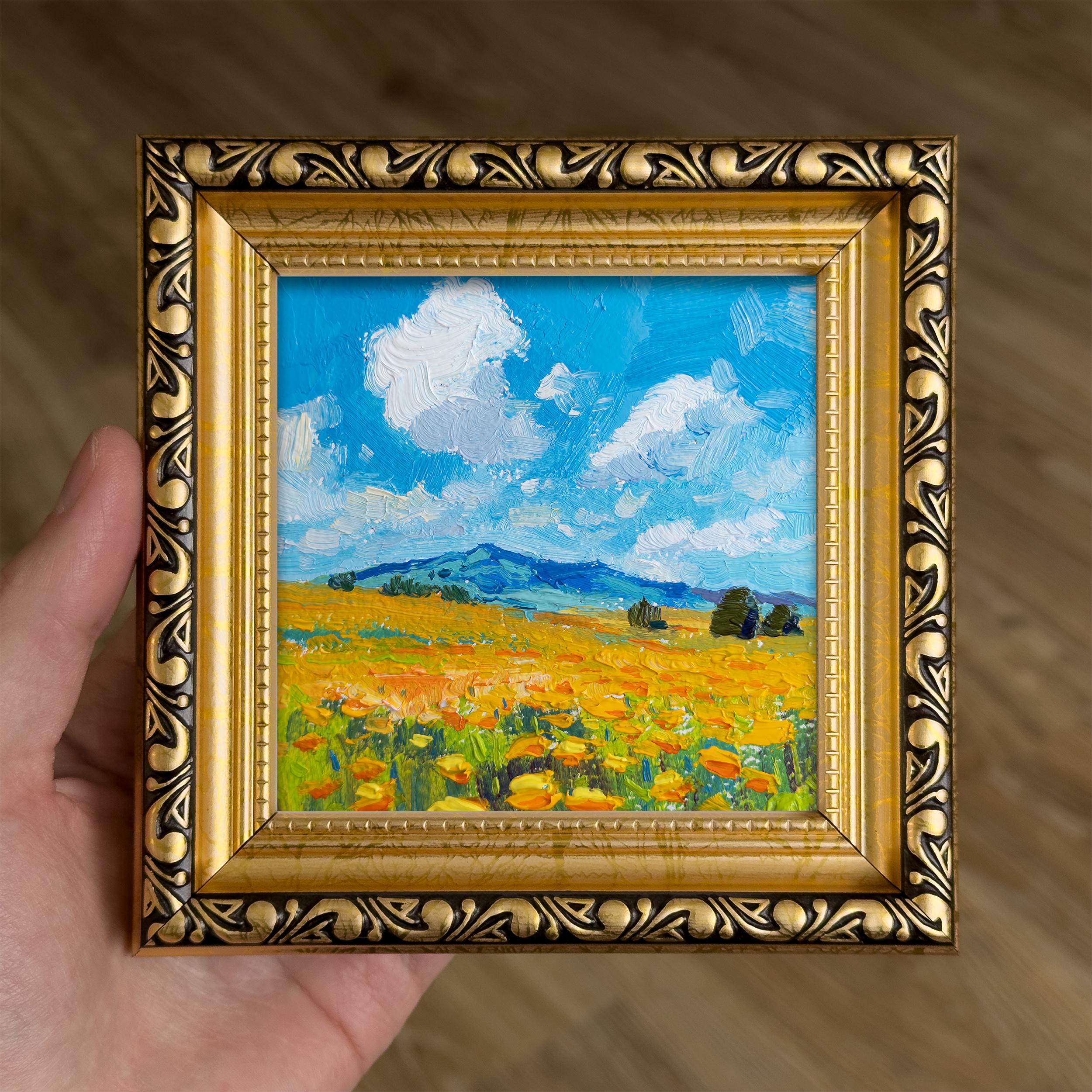 Yellow Flower Field Landscape 4x4: Framed Original Impasto Oil Painting ...