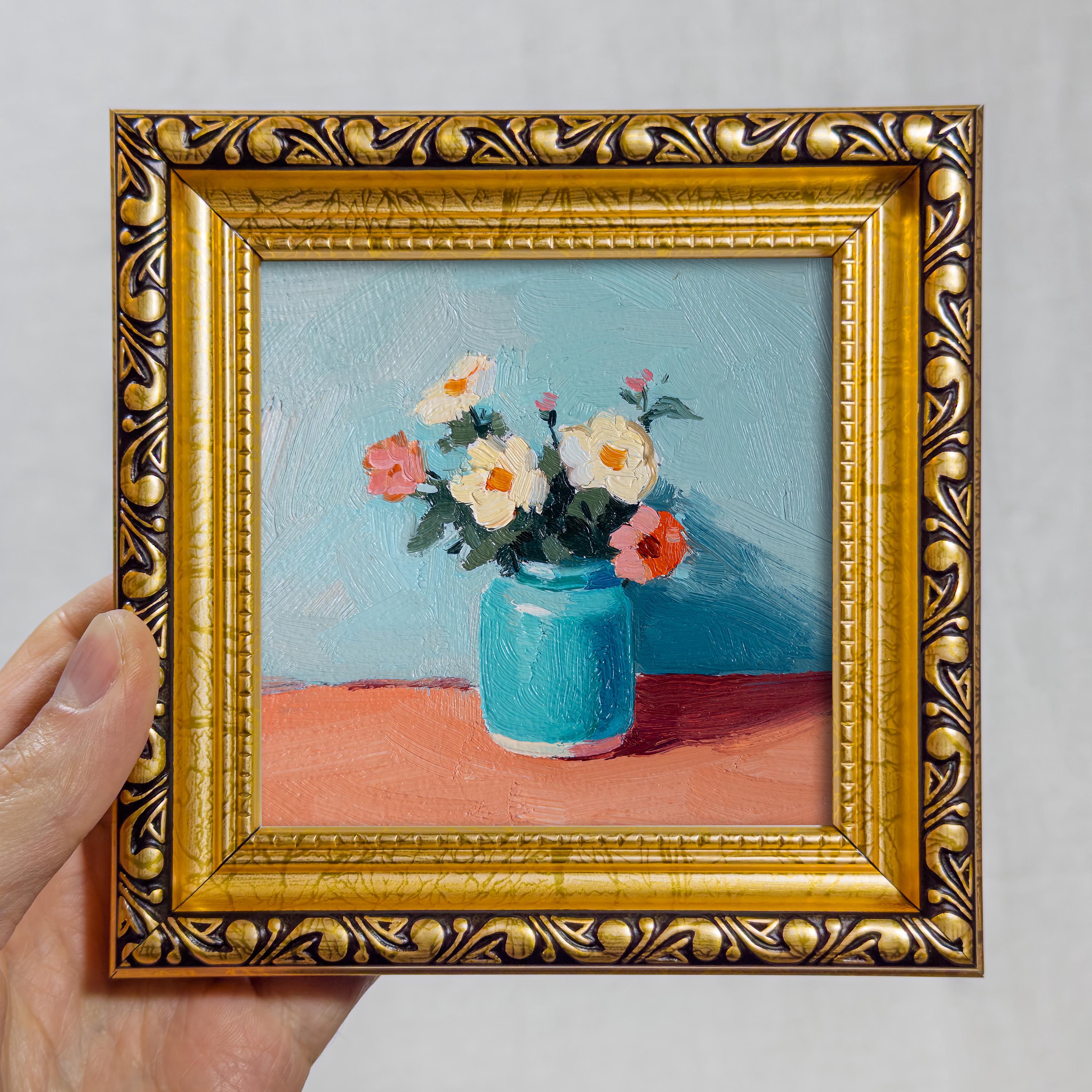 Original Small Flowers Oil Painting 4x4 – Bouquet in Blue Vase, Still ...