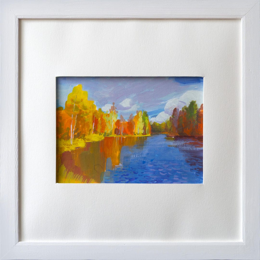 Original Gouache Landscape Painting – Autumn River Scene, Framed ...