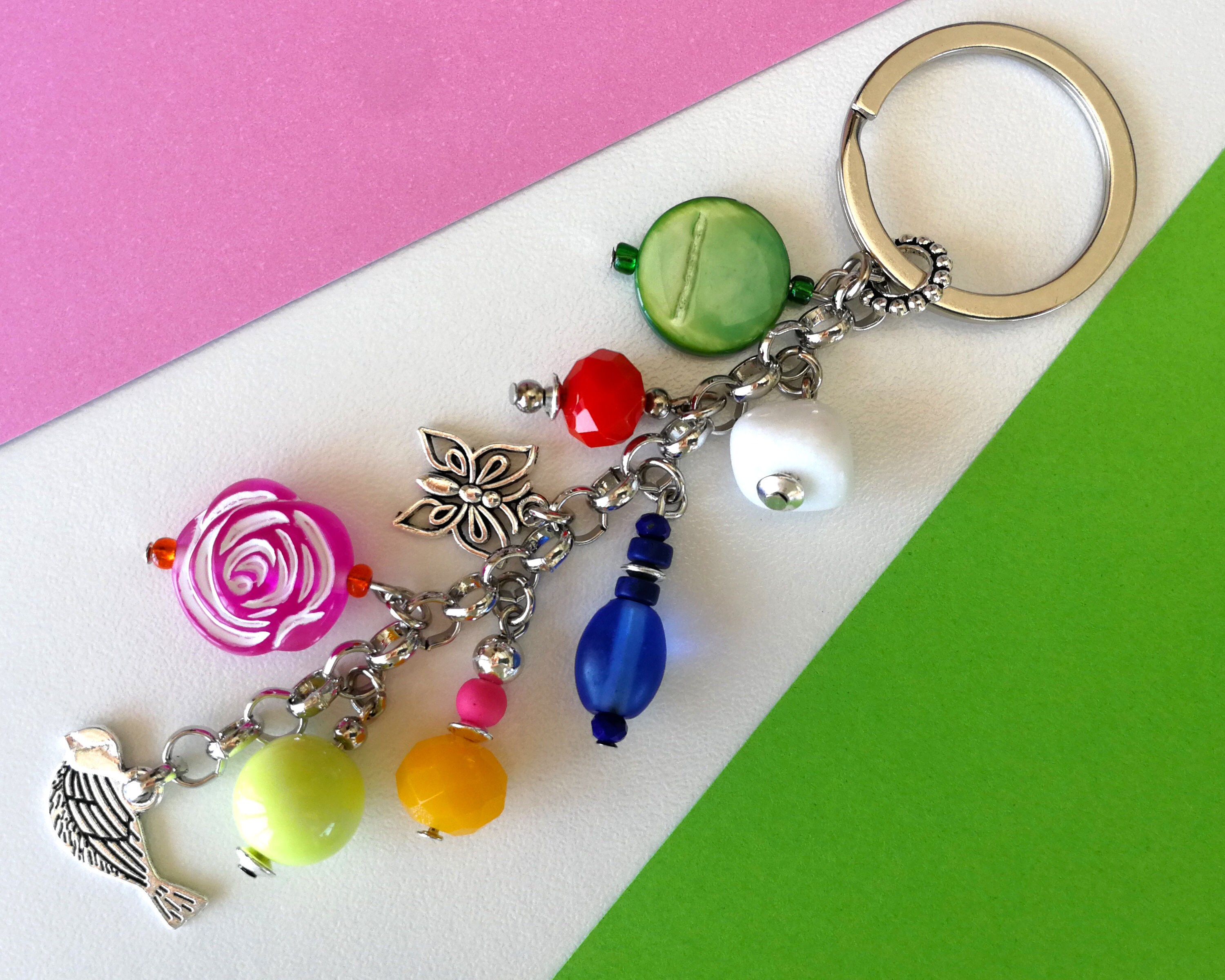 Bead Charm Keychains Bird Keychain Pink Rose Keychain | Etsy