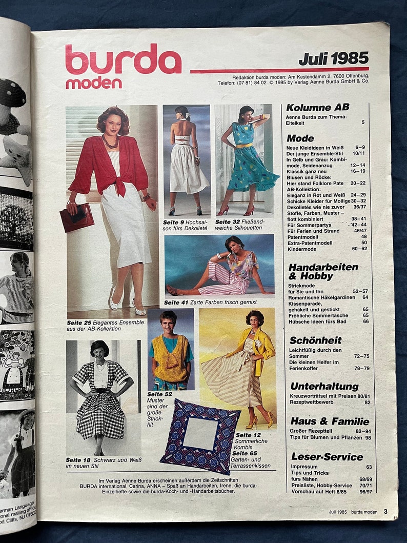1985 July Burda German Sewing Fashion Women's Magazine DIY Recipes West German Fashion History ...