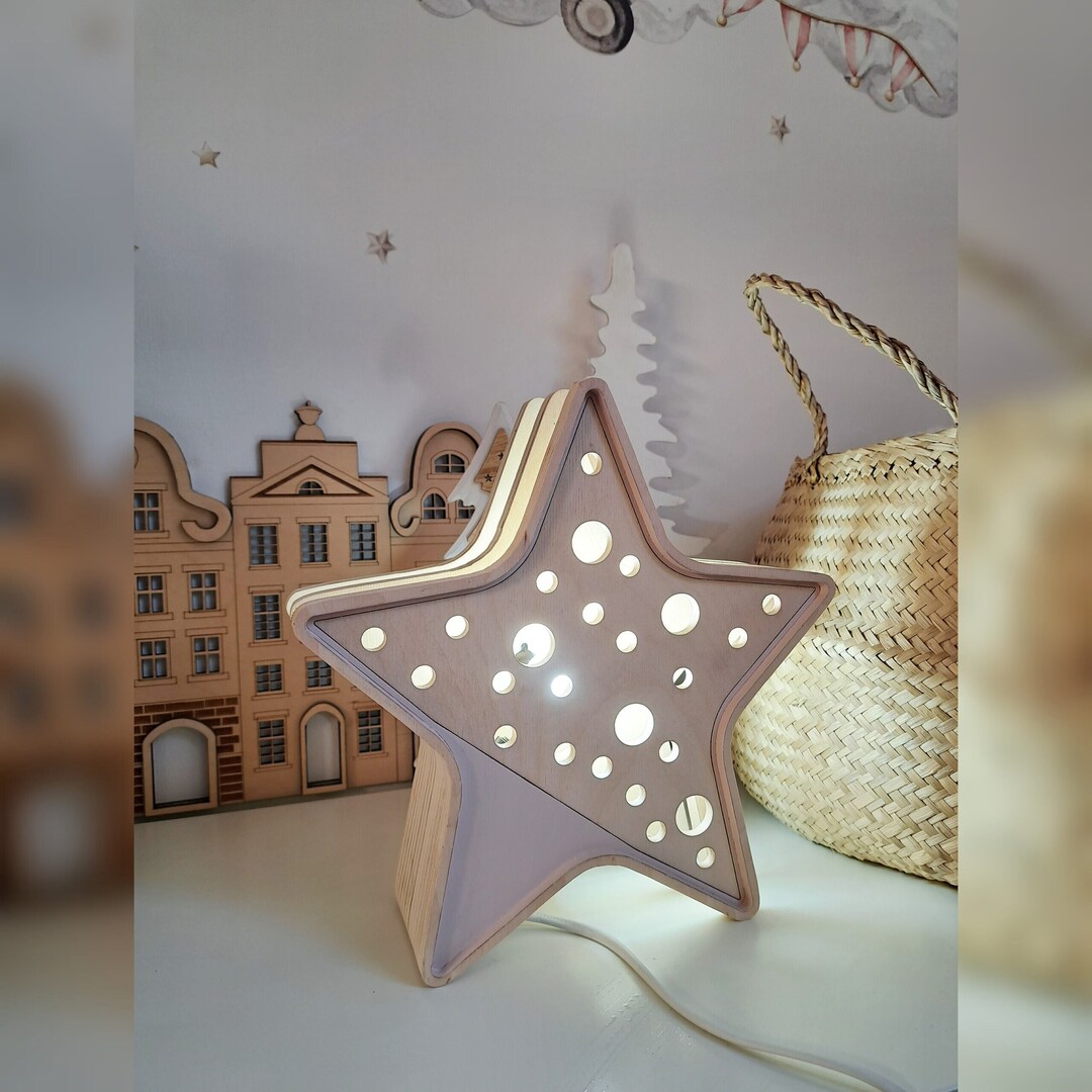 5 Point Star Lamp for Babyroom, 3D Star Table Lamp Light Wooden, Led ...