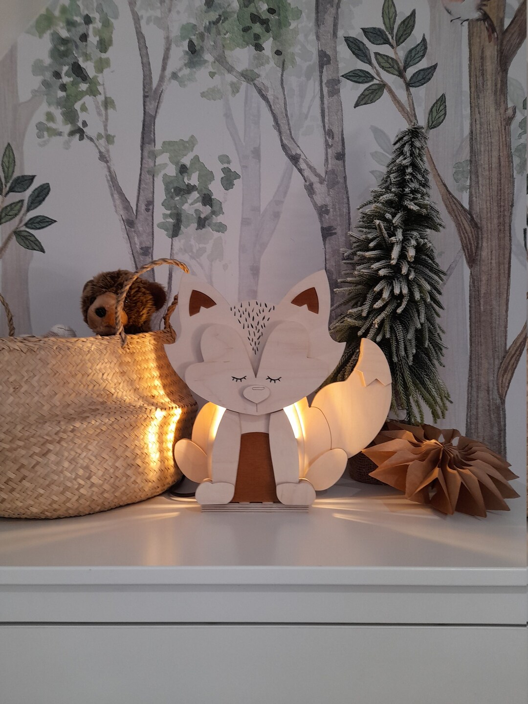 Handcrafted Wooden Fox Wall Lamp - Woodland Nursery, Eco-friendly, LED ...