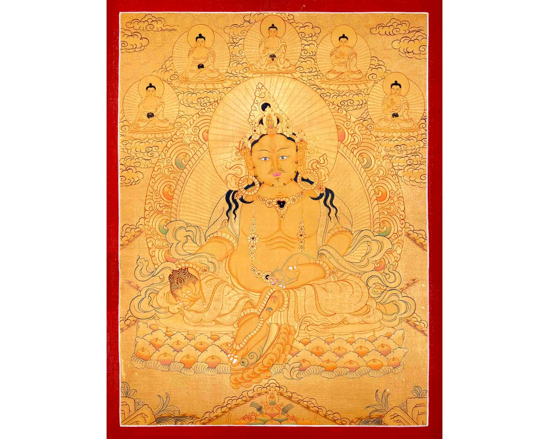 Dzambala Kubera Thangka | Original Hand Painted 24K Gold Style With 5 ...