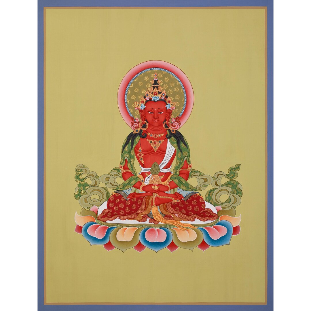24-inch Amitayus Buddha Thangka | Hand-painted Red Buddha on Cotton ...