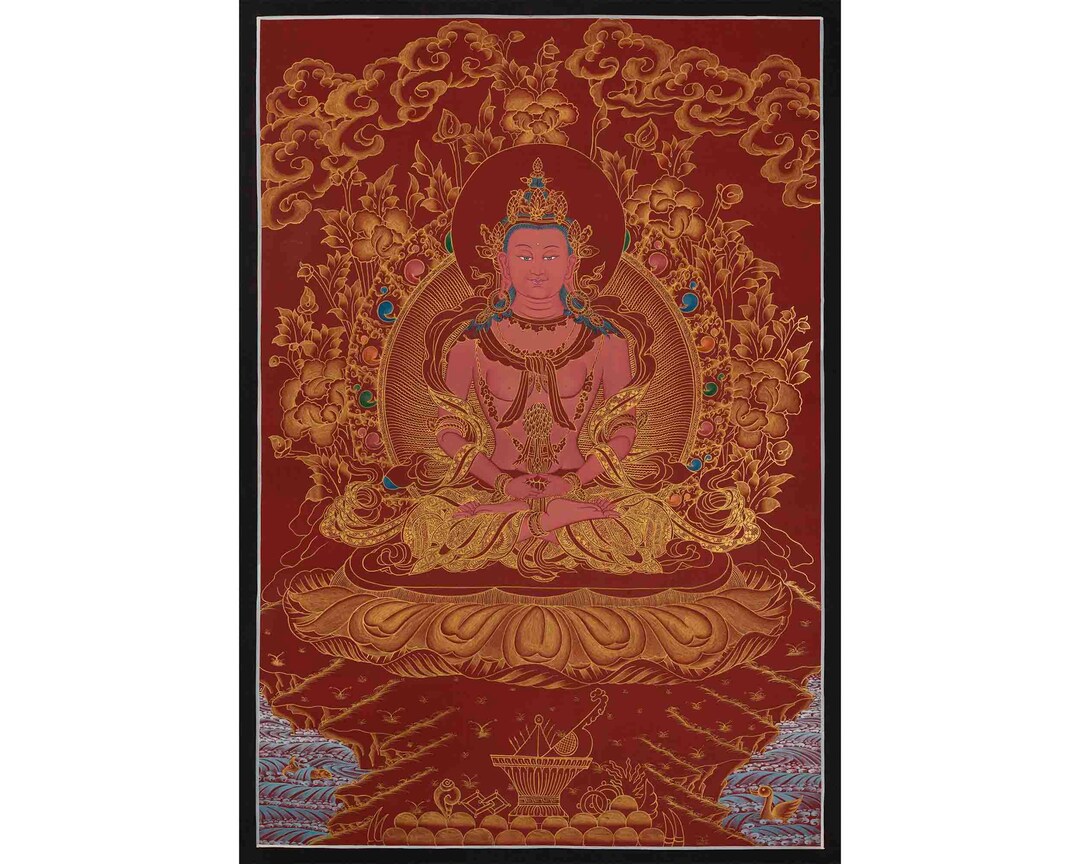 Amitayus Buddha Thangka | Red Buddha | Hand-painted on Red Background ...