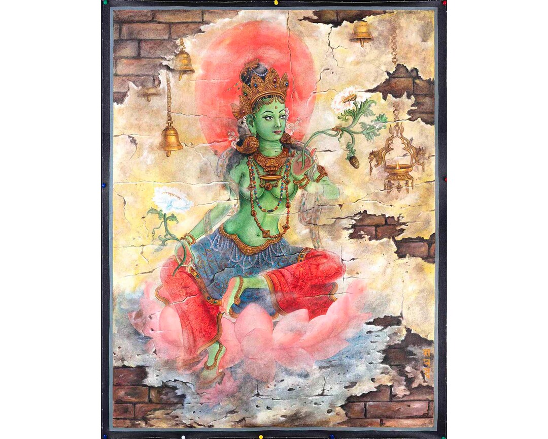 Buy Oil Painting of Arya Green Tara Thangka Large Size Tara Painting ...