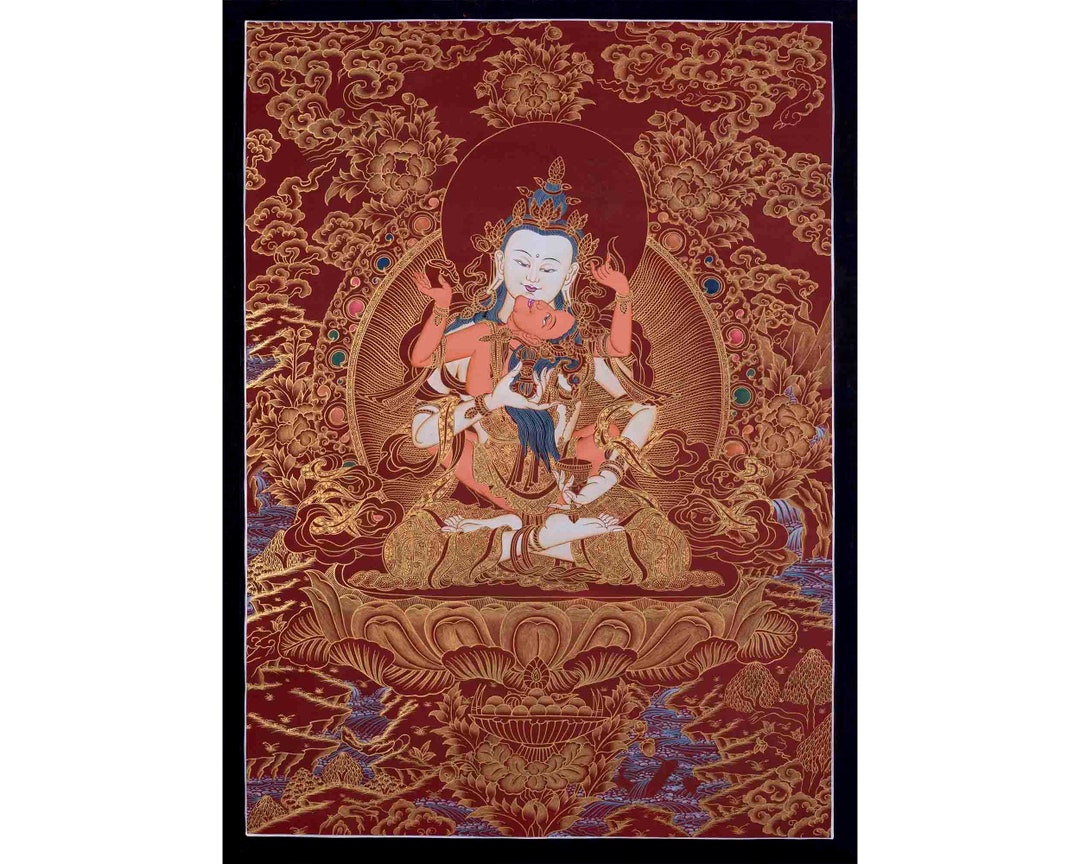 Red and Gold Vajrasattva Yab Yum Thangka | Union of Compassion and ...