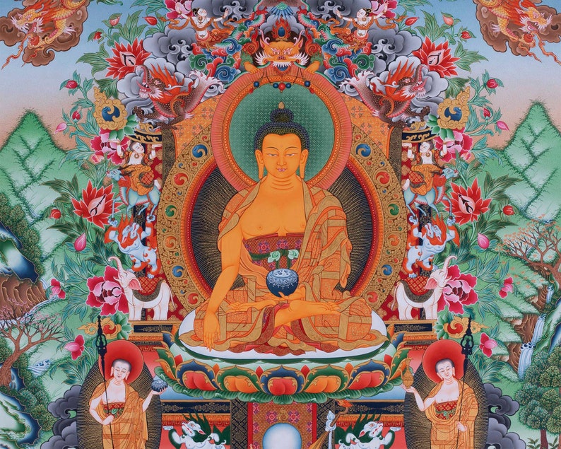 Original Thangka of Shakyamuni Buddha Flanked by Shariputra ...